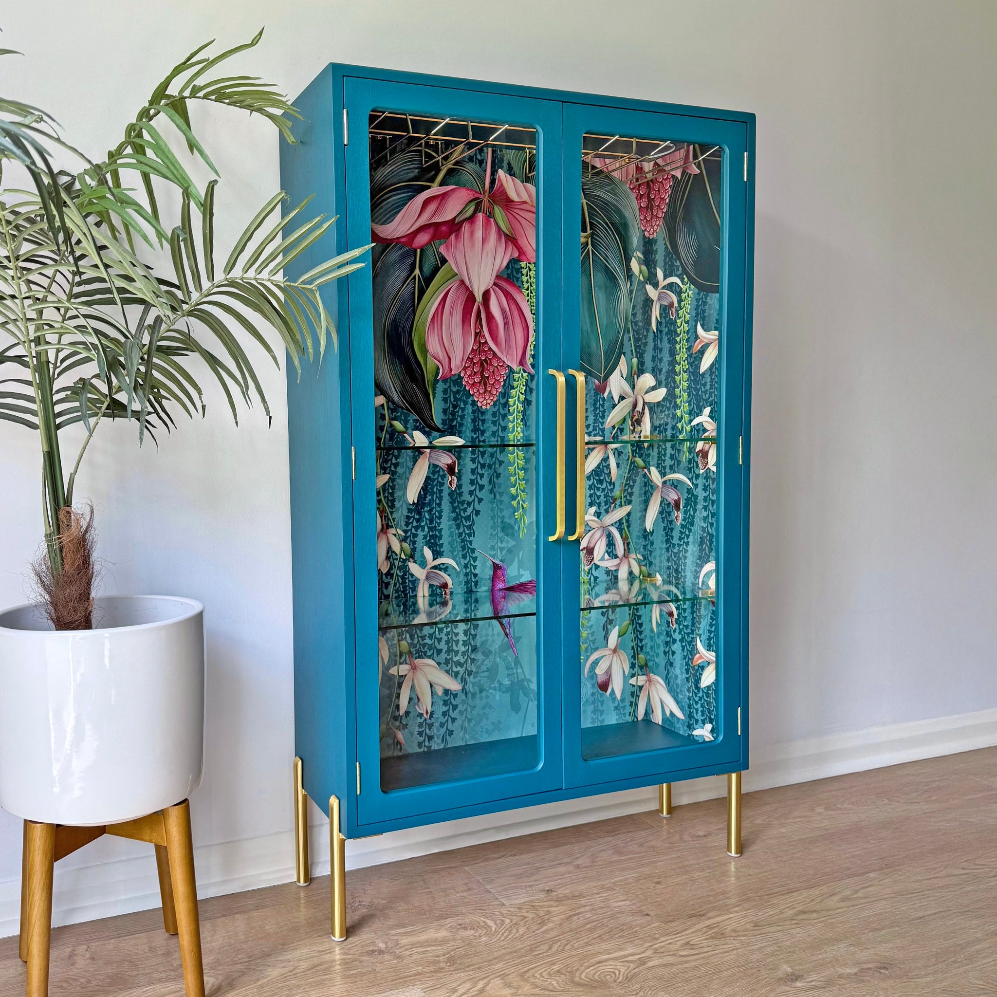 Teal G Plan Display Cabinet – Trailing Orchids & Gold Legs – Kookiwood