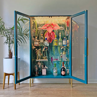 Teal G Plan Display Cabinet – Trailing Orchids & Gold Legs – Kookiwood